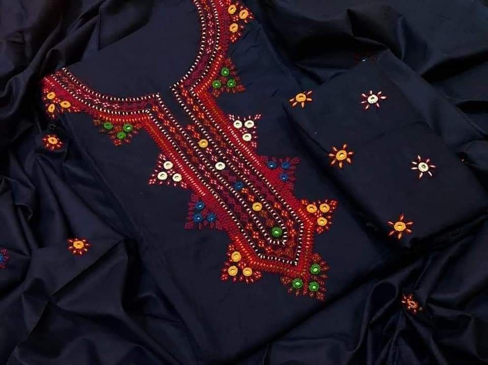 Sindhi Balochi Hand Embroidered 3pc Unstitched Suit (Black)