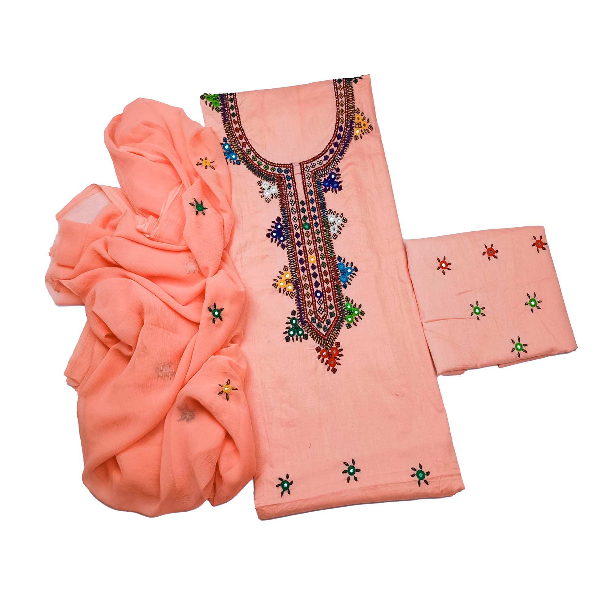 Sindhi Balochi Hand Embroidered 3pc unstitched suit (Peach) » Sindh ...