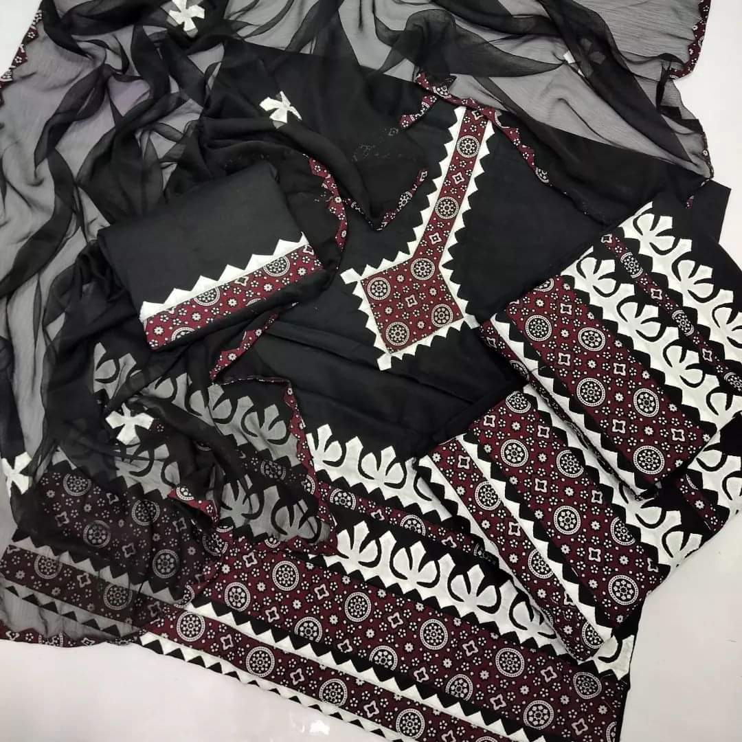 Ajrak Applique 3pc Unstitched Suit